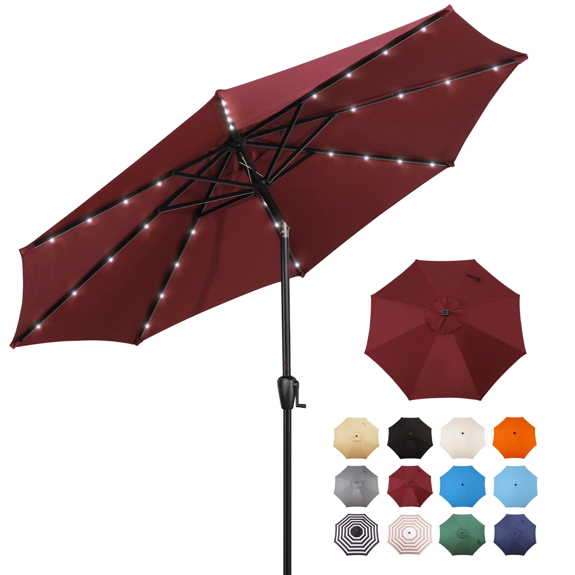 Sun-Ray 9 FT Patio Umbrella, LED Lights, Polyester Canopy, Tilt Crank ...