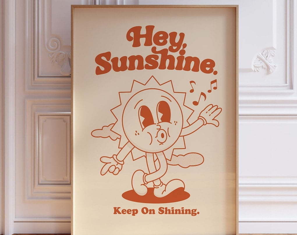 Sun Retro Character Wall Art, Retro Quote Wall Print, Hey Sunshine Keep On Shining Poster, Retro ...