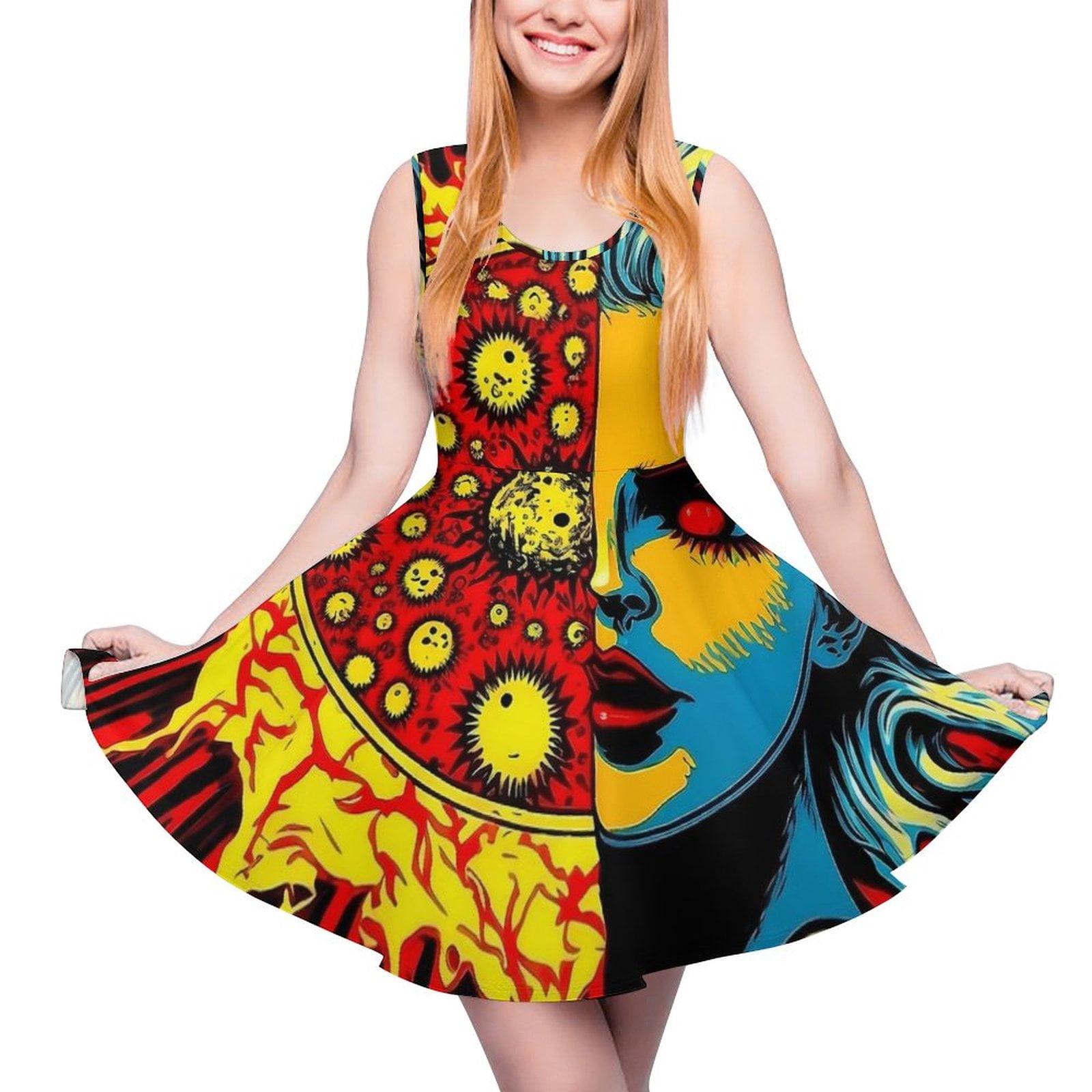 Sun Retro Print Dress High Waist Streetwear Dresses Spring Female ...