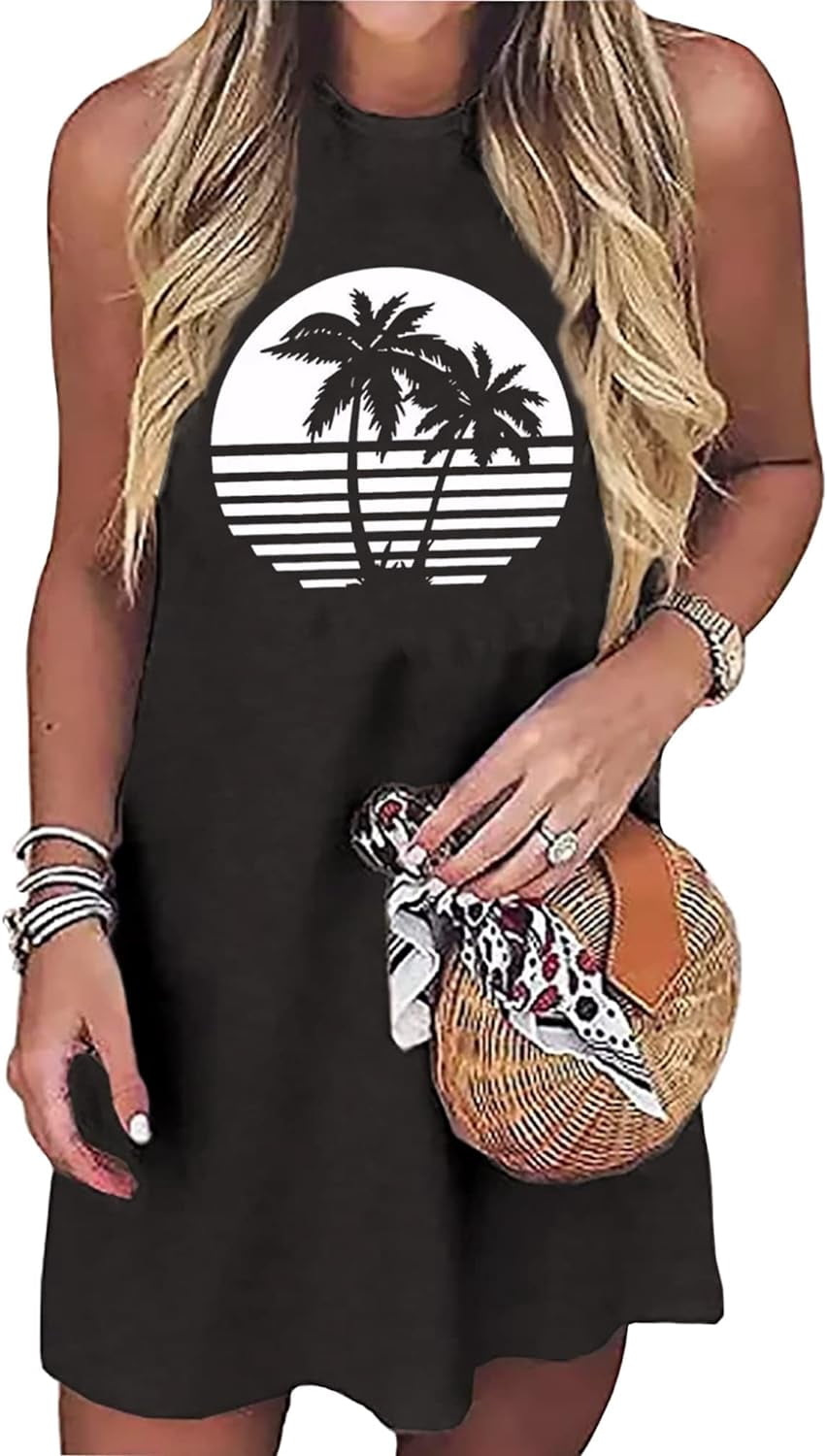 Sun Salt Sand Coconut Tree Sleeveless Mini Dress Casual Sleeveless ...