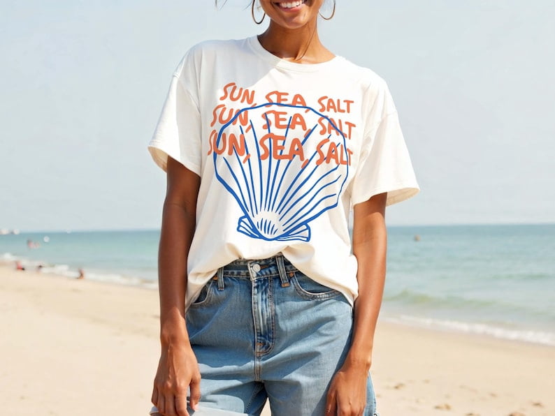Sun Sea Salt Seashell Graphic Tee Retro Coastal Beach Aesthetic Ocean ...