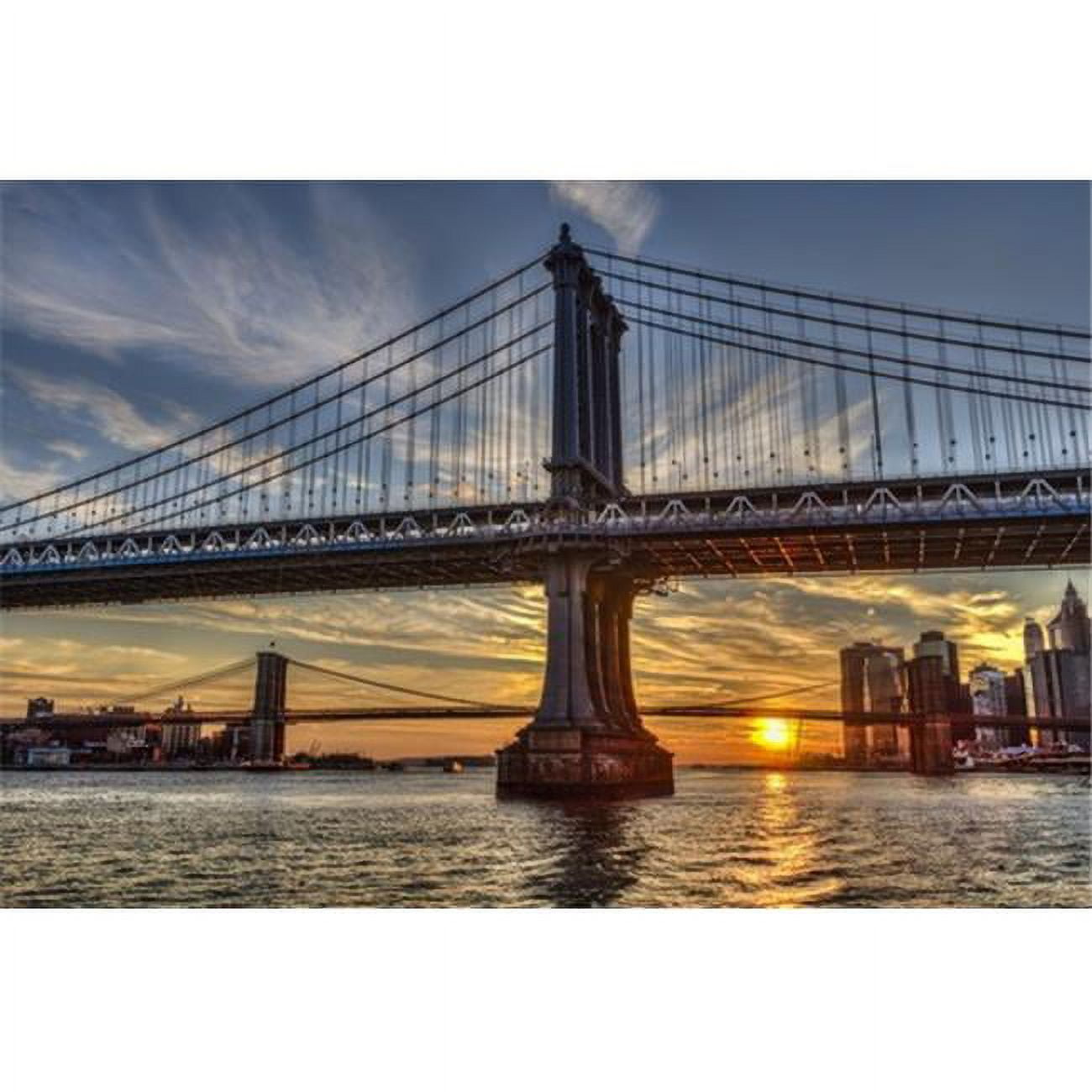 Sun Setting Behind Manhattan & Brooklyn Bridges - New York City United ...