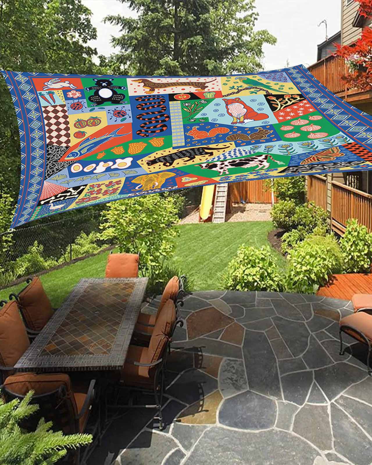 Sun Shade Sail 12x16Ft Bohemia Ethnic Symbols Elephant Rabbit Blue Texture Uv Block Sunshade ...