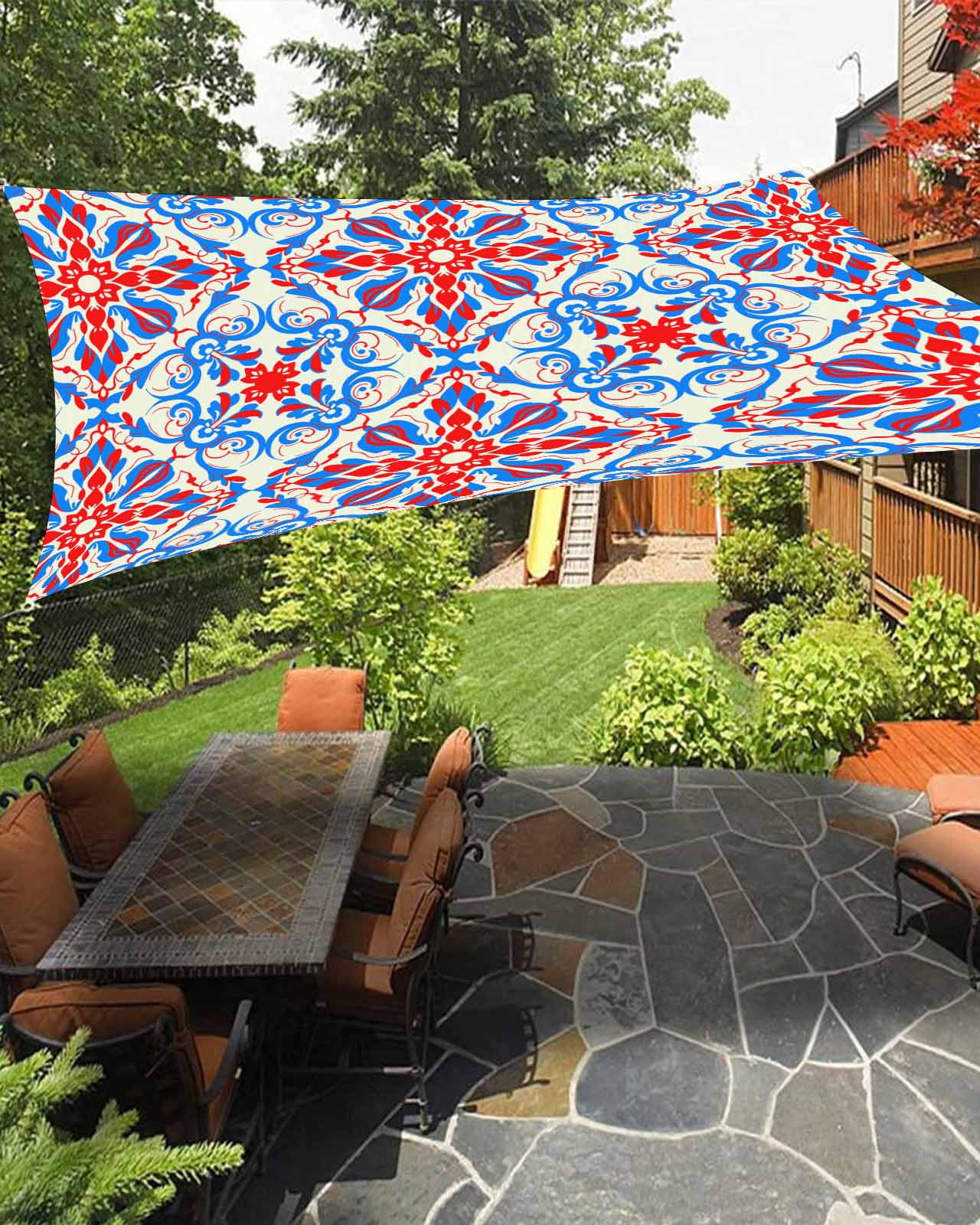 Sun Shade Sail 6.5x10Ft Boho Flower Blue Red Floral Abstract Lines Uv ...