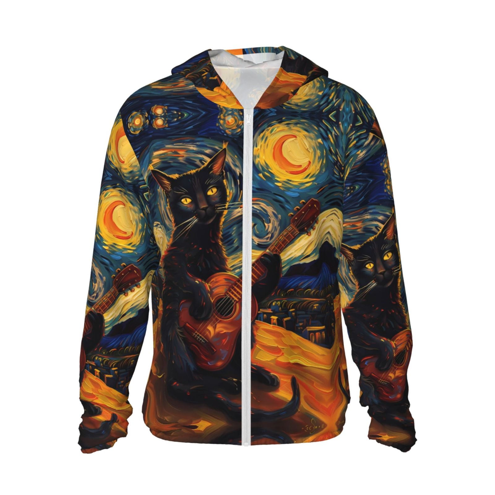 Sun Shirt for Men Women - Starry Night Cat Guitarist Hoodie Long Sleeve ...