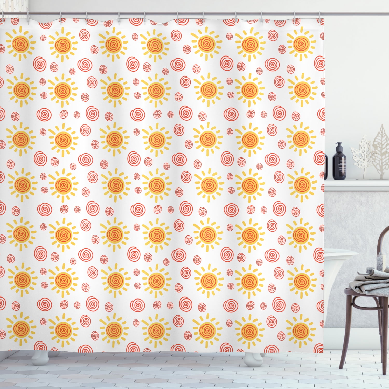 Sun Shower Curtain, Repeating Sun Motifs with Hand-drawn Swirls and ...