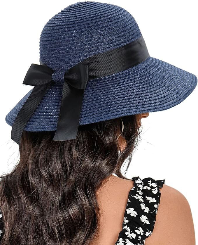 Sun Straw Hat for Women with Wind Lanyard Wide Brim Foldable Beach ...