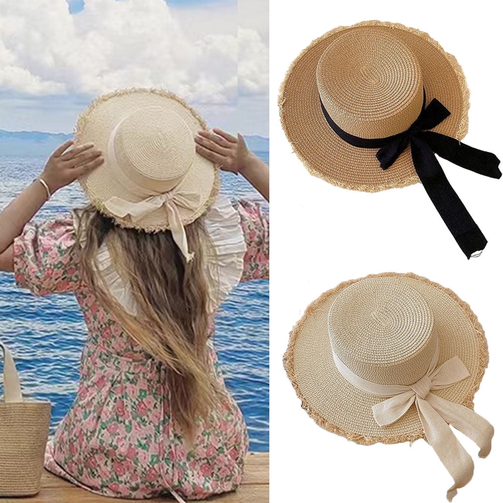 Sun Straw Hats for Women Wide Brim Beach Hats BowKnot Summer Fedora ...