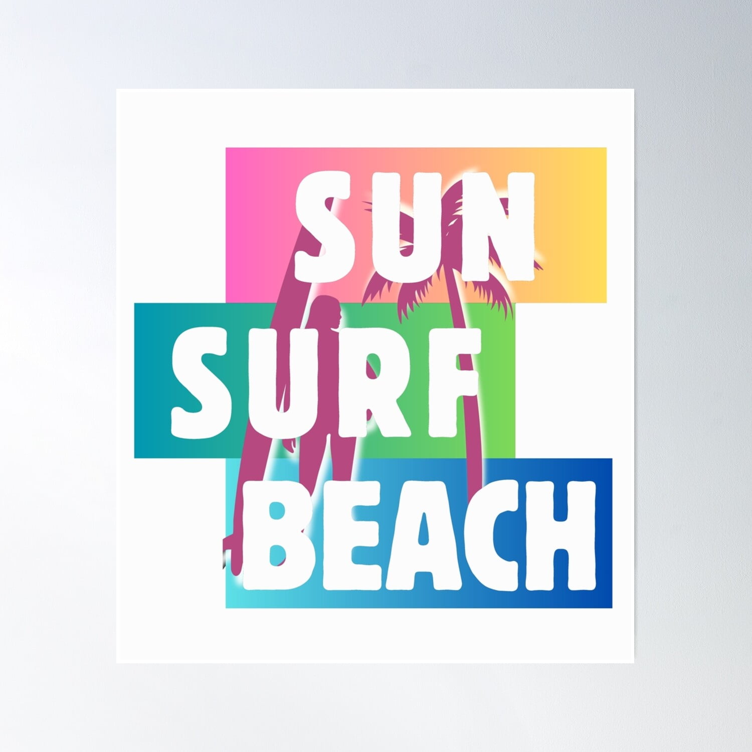 Sun Surf Beach Palm Trees Surfer Summer Vibes Poster Wall Art, Modern ...