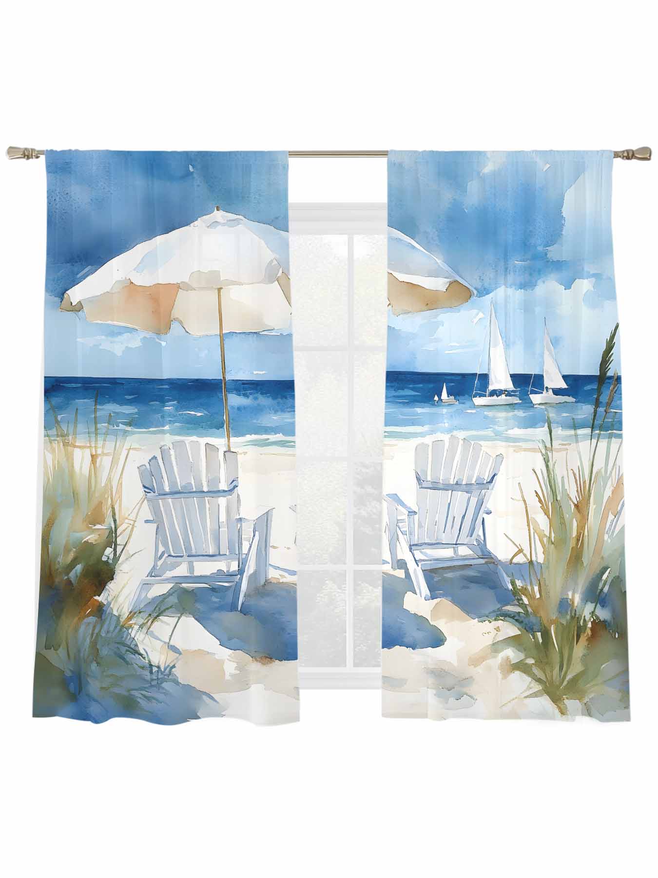Sun Umbrella Ship Sheer Curtains 63 Inch Long 2 Panels, Watercolor ...
