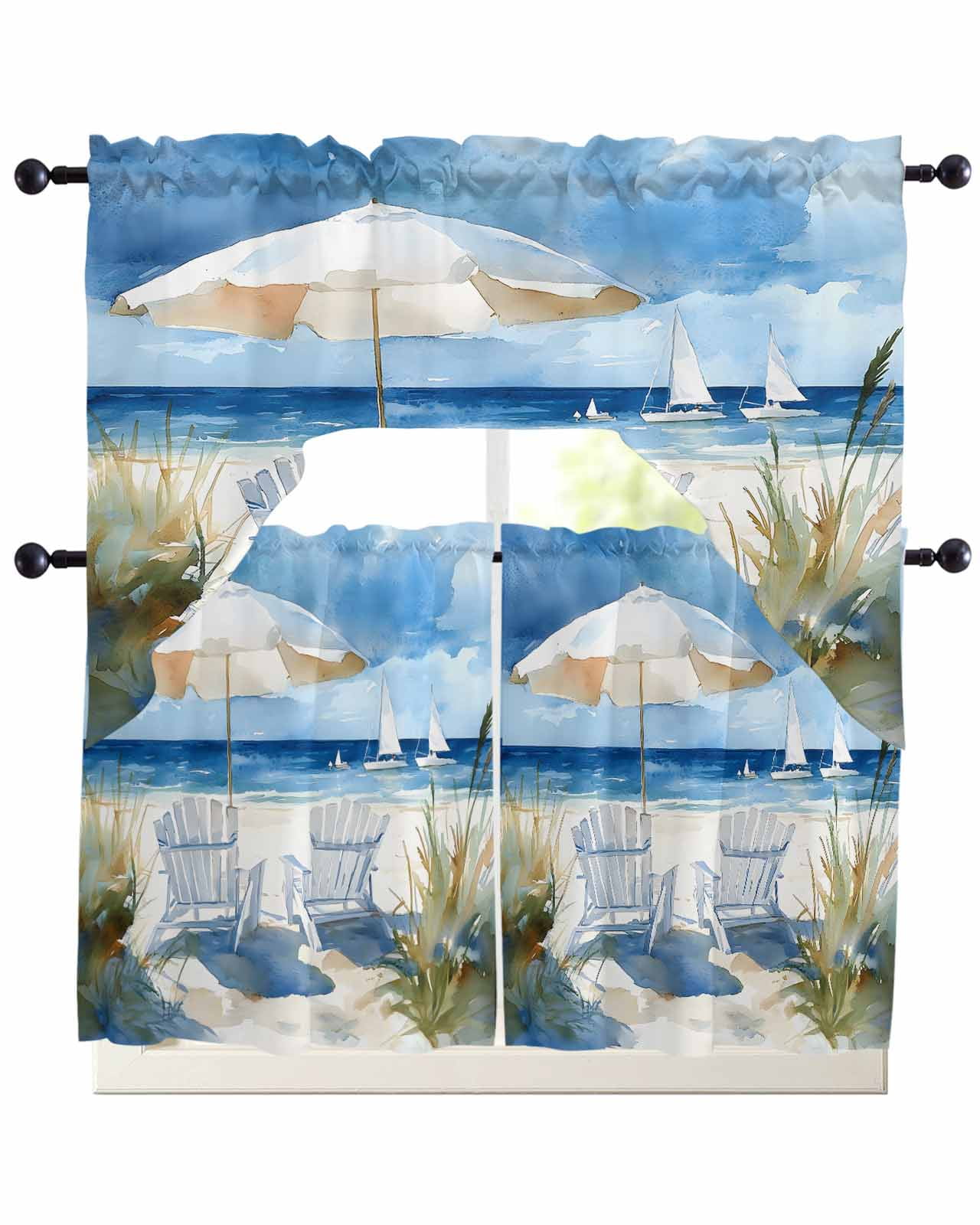Sun Umbrella Ship Swag Valance and Tier Curtains Set Watercolor Beach ...