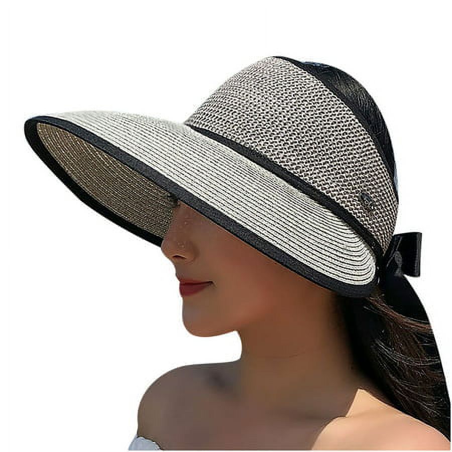Sun Visor Hats for Women Straw Wide Brim Roll Up Ponytail Cap UV ...