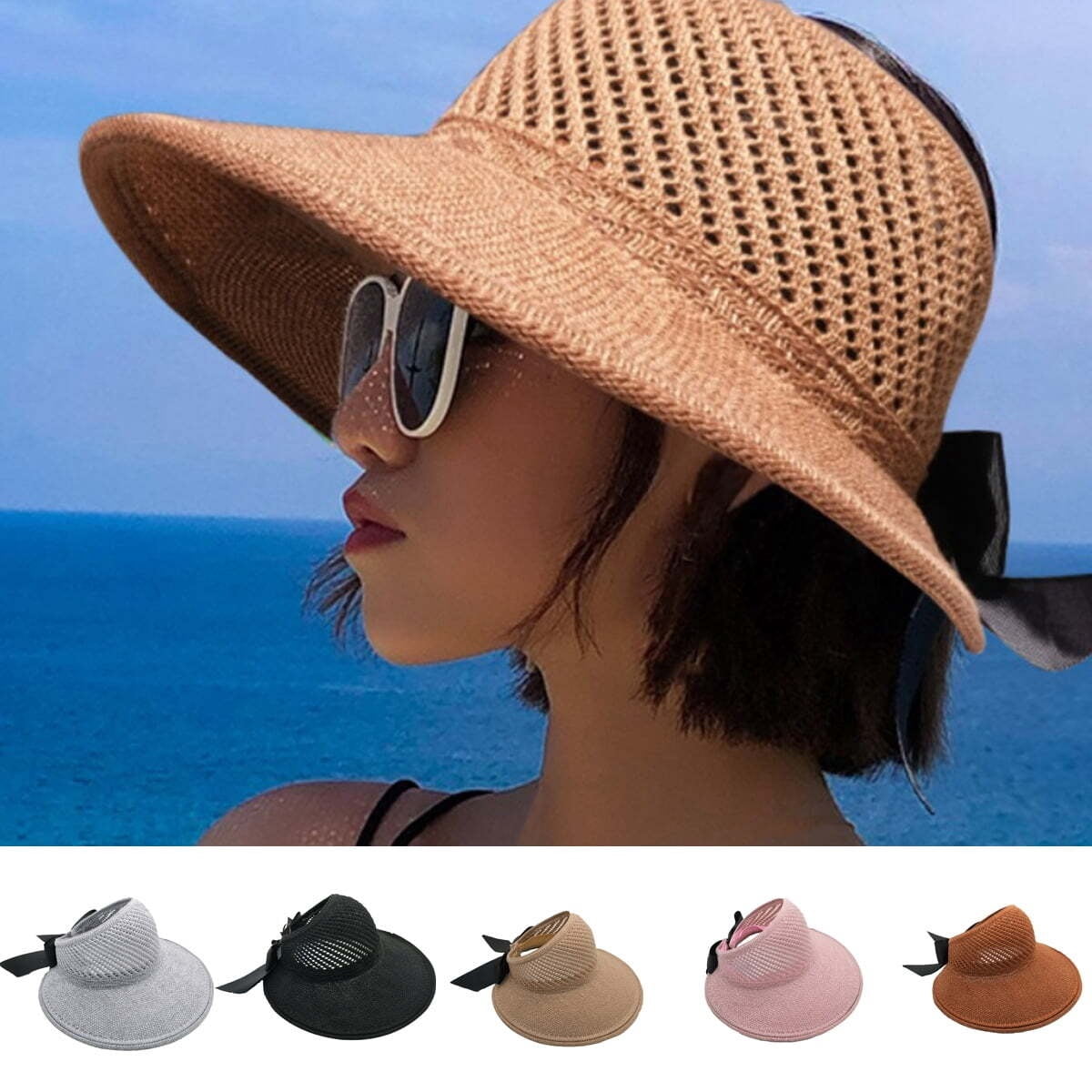 Sun Visors for Women Wide Brim Straw Hat Women Beach Visor Hats for ...