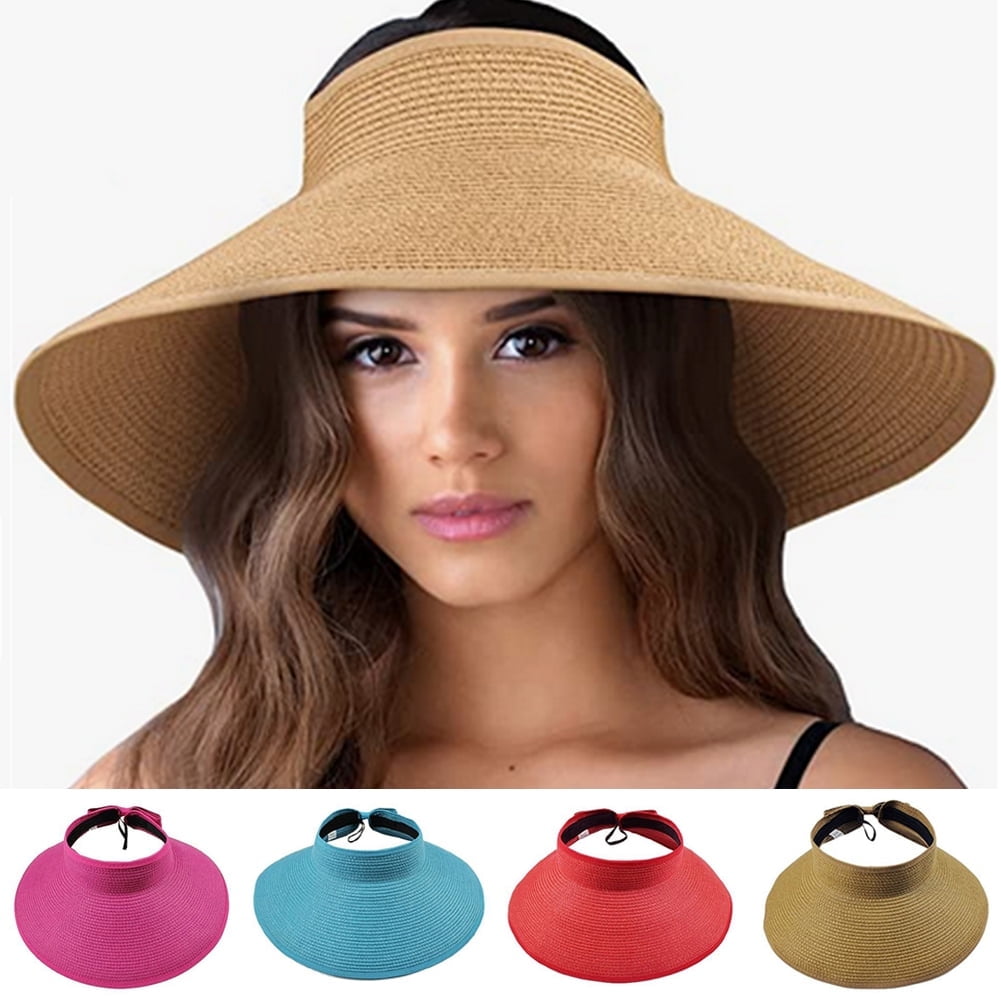 Sun Visors for Women Wide Brim Straw Hat Women Beach Visor Hats for Women Uv Foldable Sun Hat ...