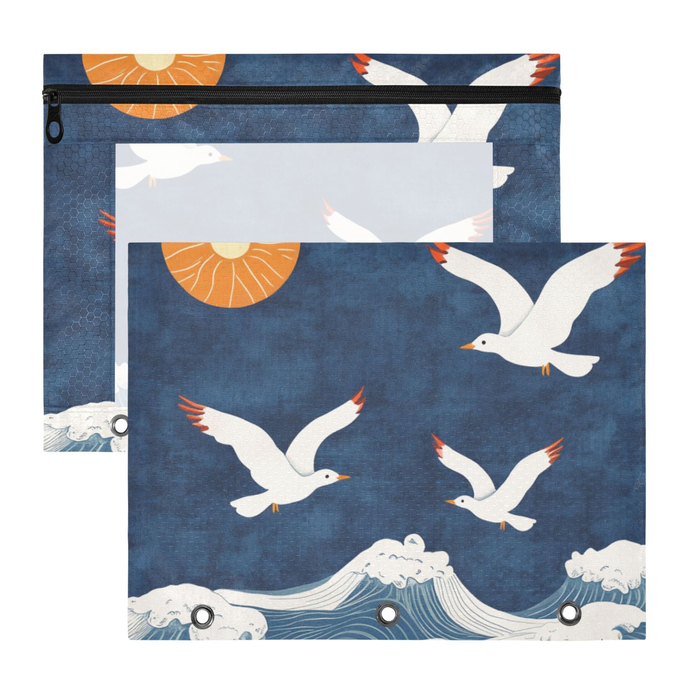 Sun Waves Seagulls Fly Retro 3-Ring Binder Pouches A4 Size Zipper ...