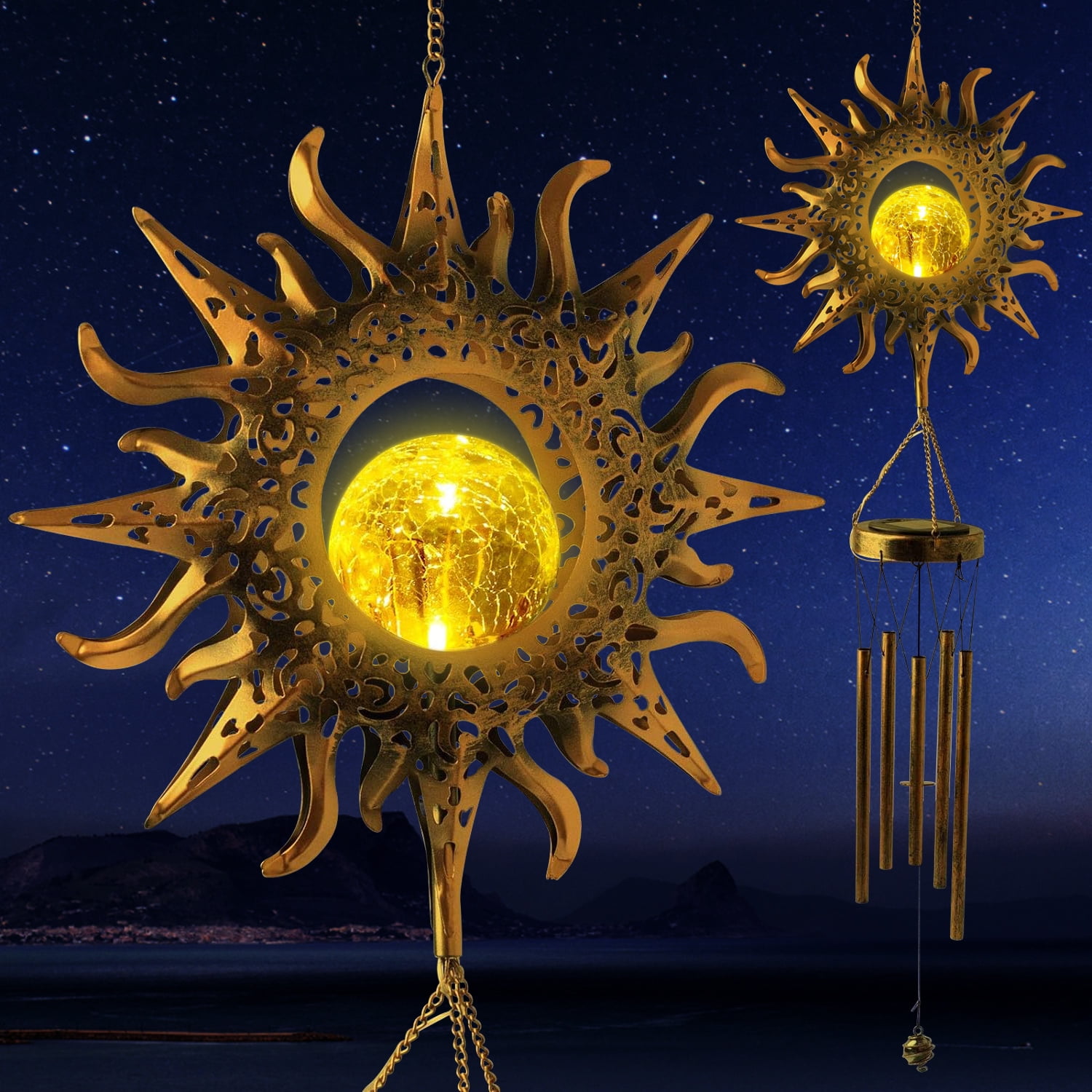 Sun Wind Chimes, Retro Copper Wind Chimes with Soft Night Light Shadows ...