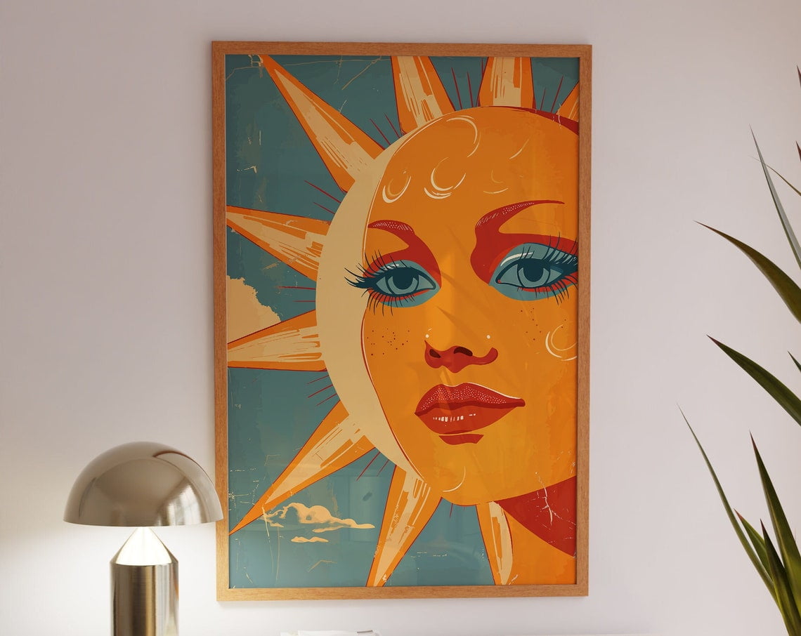 Sun With Woman Face Abstract Art Print, Weird Sun Print, Unique Retro ...
