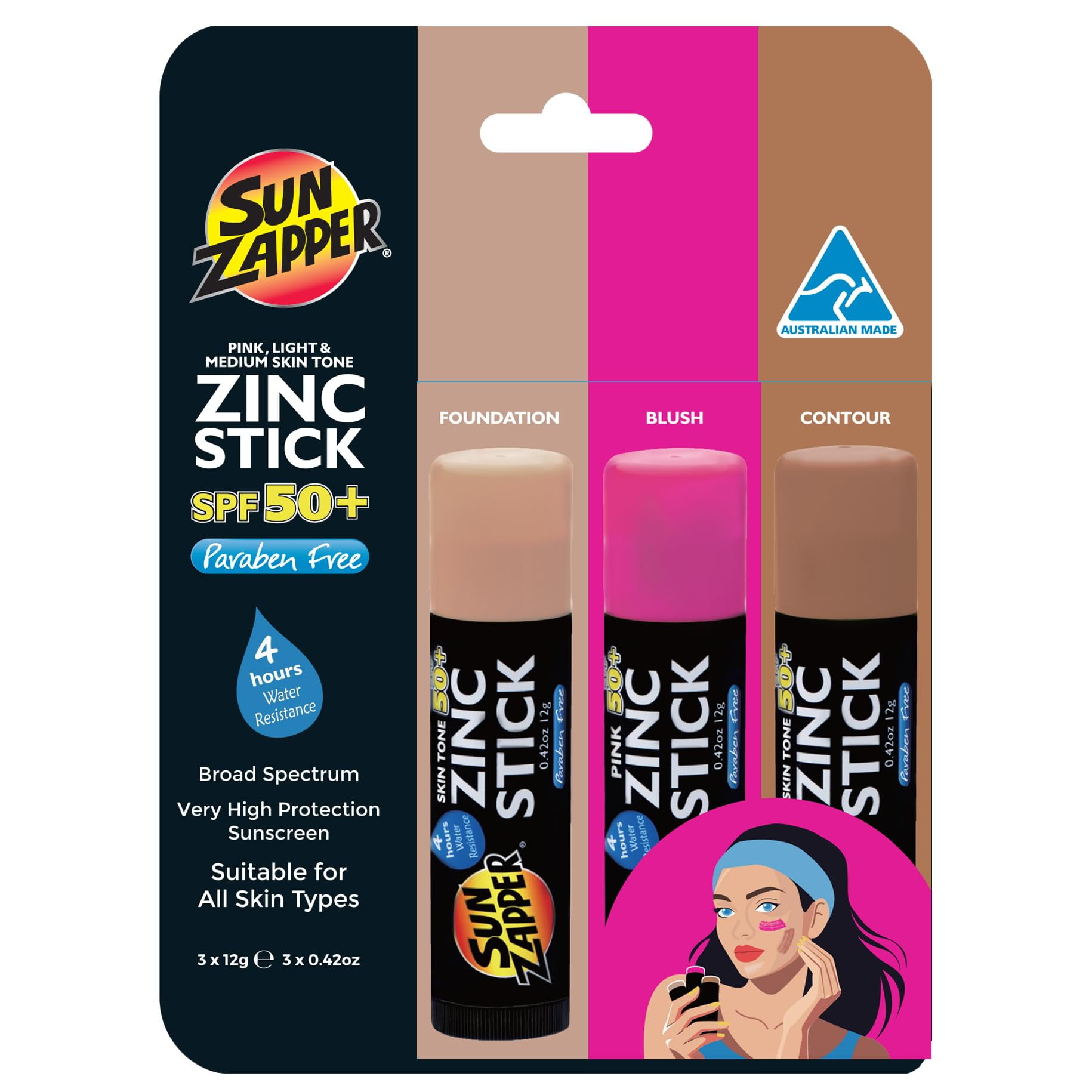 Sun Zapper Zinc Oxide TMA2 Sunscreen Stick - SPF 50+ 3-Pack (Light ...