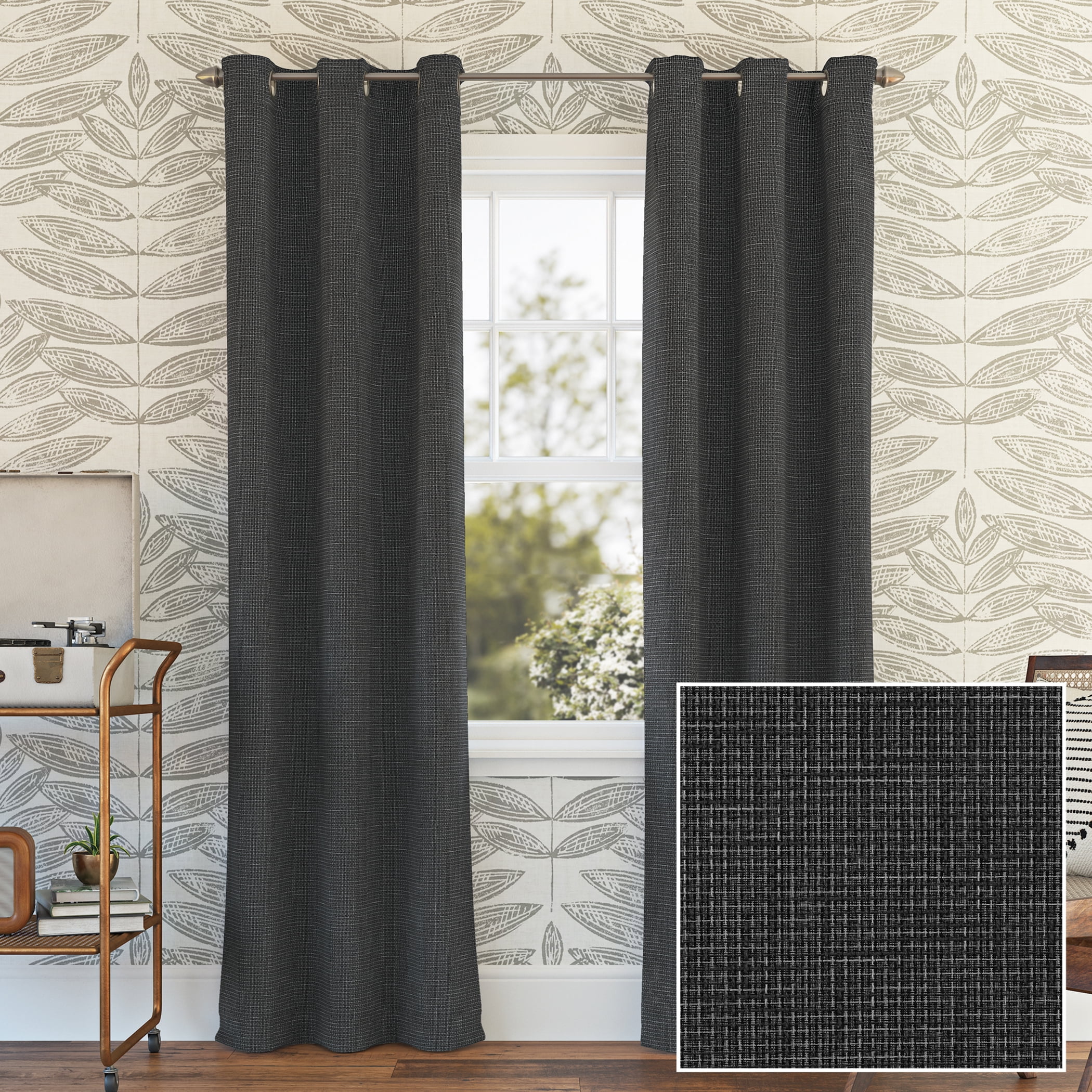 Sun Zero Norman Grid Texture Thermal 100% Blackout Grommet Curtain Panel, 40"x63", Black, Adult ...