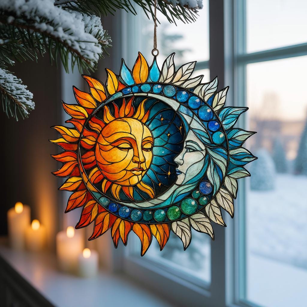 Sun and Moon Acrylic Suncatcher, Celestial Window Hanging, Mystical Sun ...