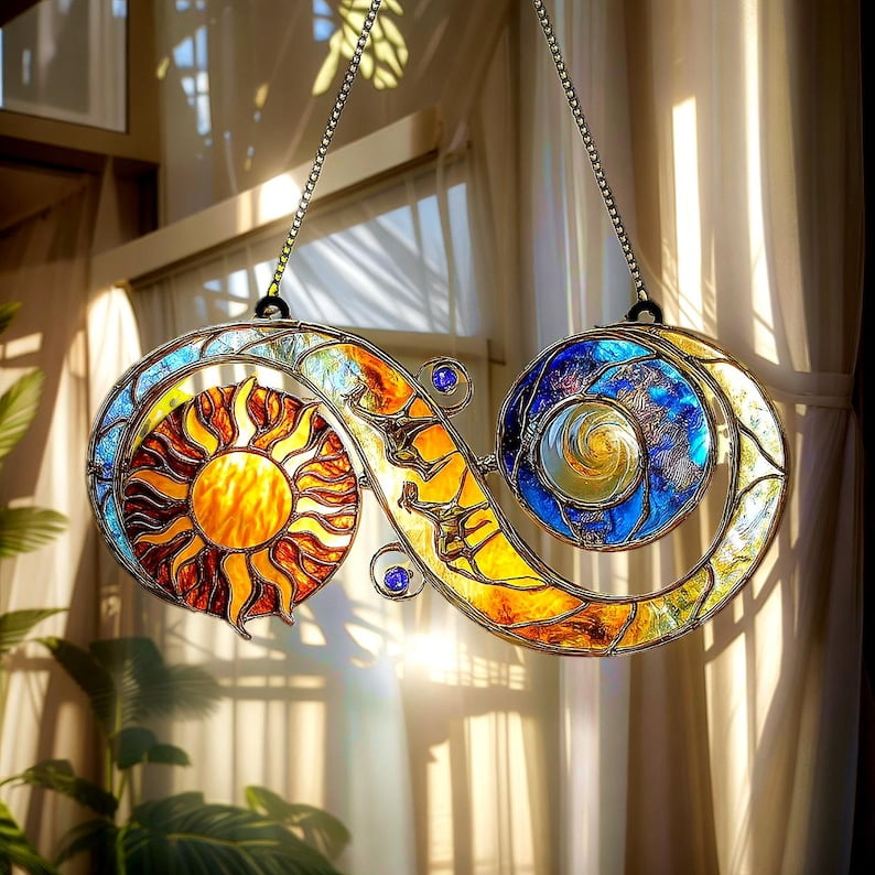 Sun and Moon Acrylic Suncatcher – Faux Stained Acrylic Window Hanging in Cosmic Yin Yang Design ...