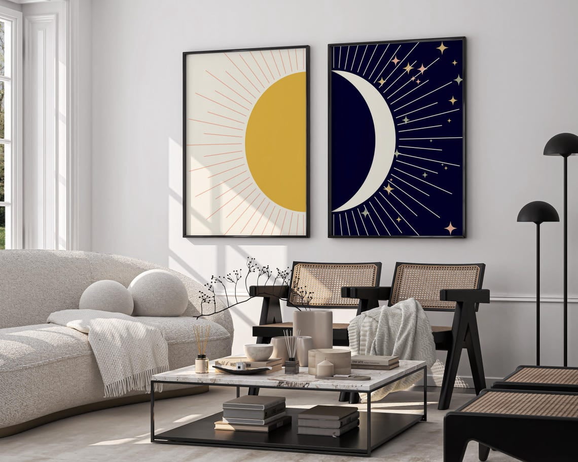 Sun and Moon Art Prints Sun and Moon Boho Print Artwork Set 2 Unframed ...