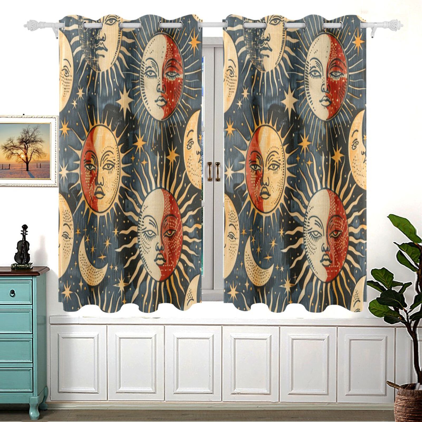 Sun and Moon Face Black Out Curtains Aesthetic for Bedroom Living Room ...