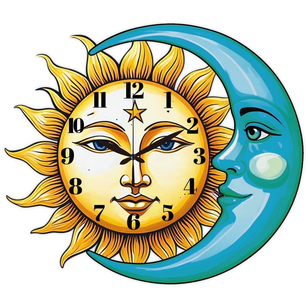 Sun and Moon Pattern Wall Clock 14.9 Inch Star Wood Grain Non-Ticking ...