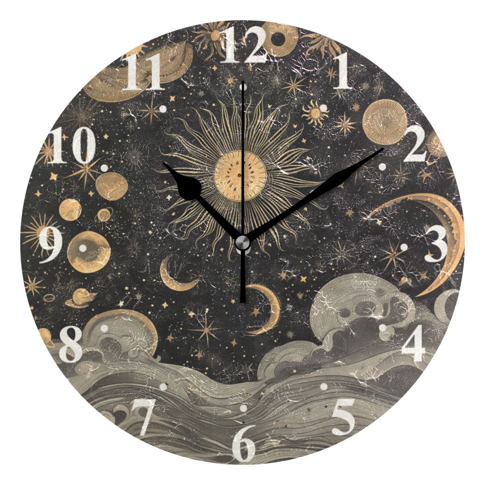 Sun and Moon Stars Waves Black 10 inch Wall Clocks Non Ticking Easy to ...