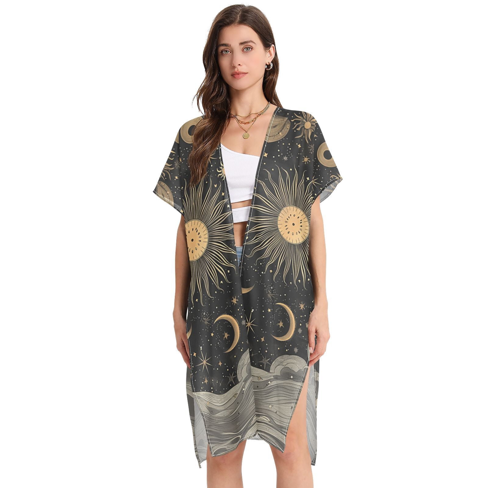 Sun and Moon Stars Waves Women Swimsuit Cover up V Neck Beach Dress ...