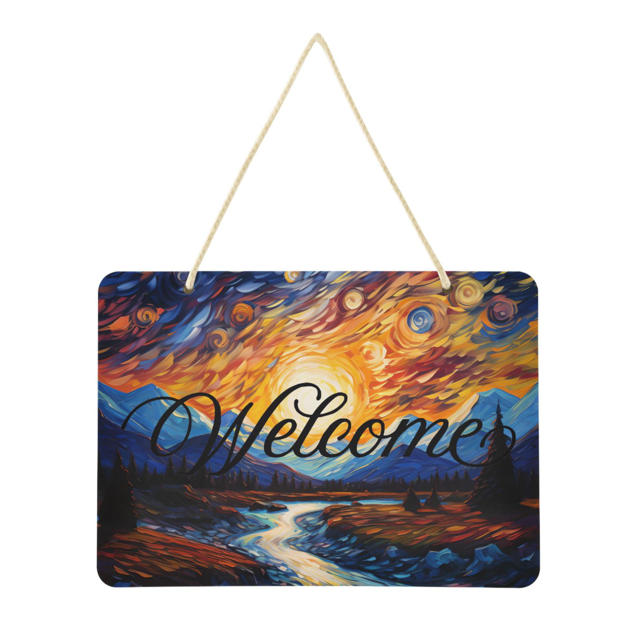 Sun and River Oil Painting Welcome Sign Front Door PVC 14x10 inch ...
