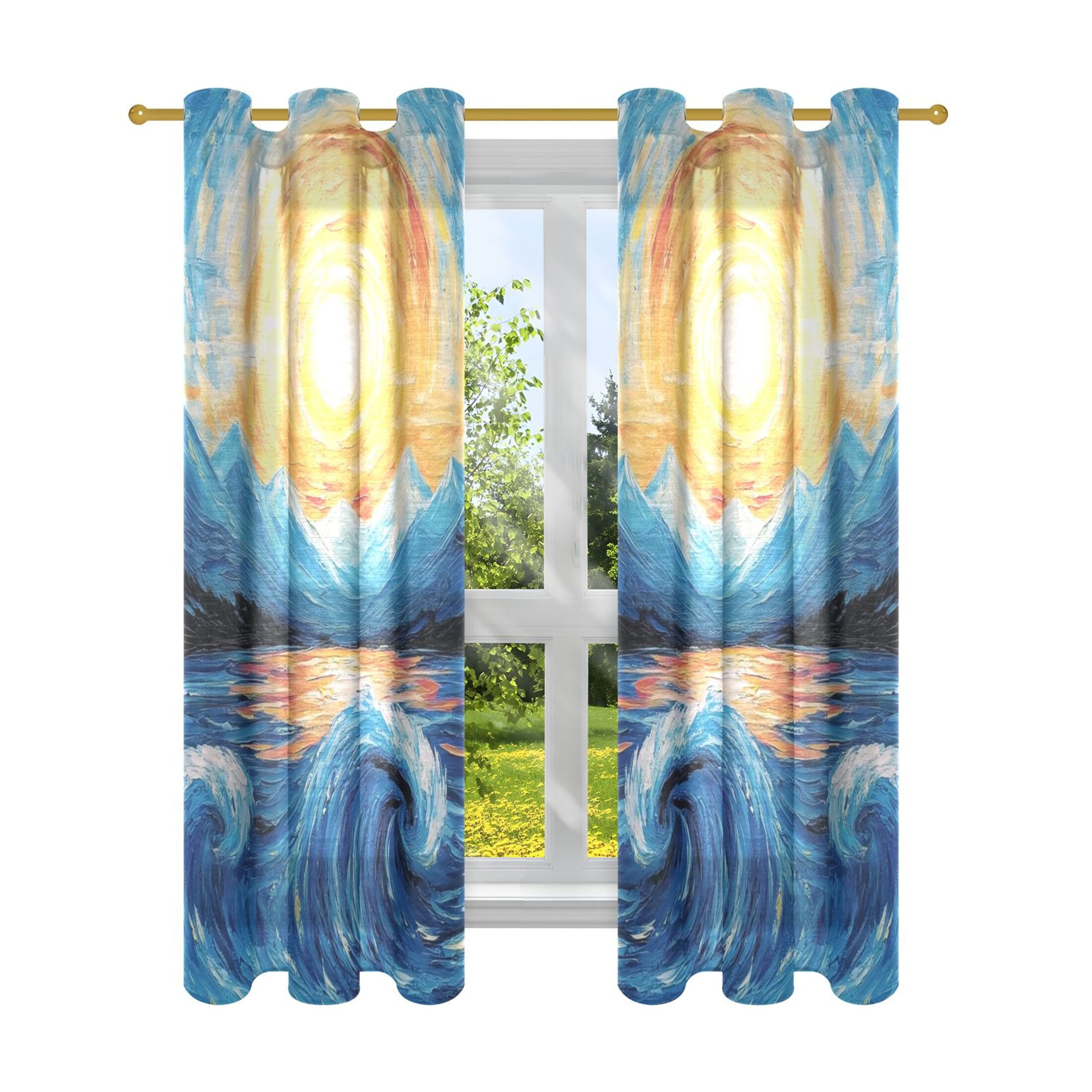 Sun and Waves Semi Sheer Curtains for Living Room Bedroom Set of 2 ...