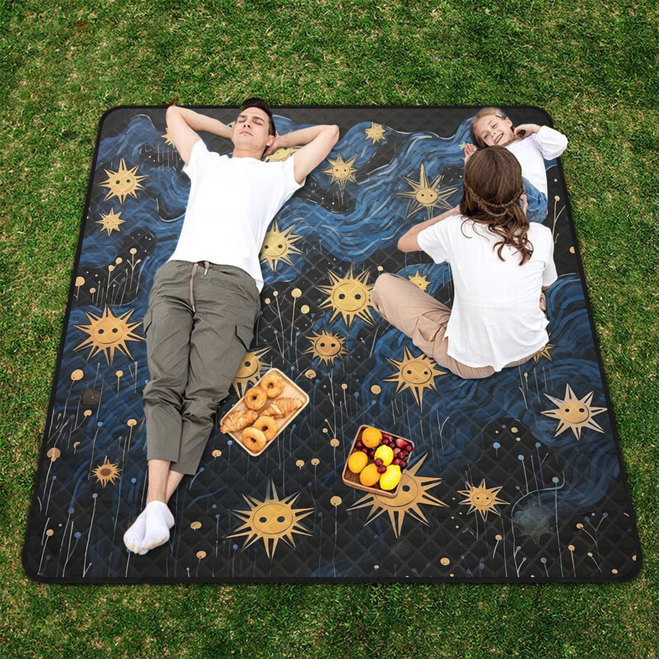 Sun in Blue and Black Beach Blanket Outdoor Picnic Blanket 78"x 78 ...