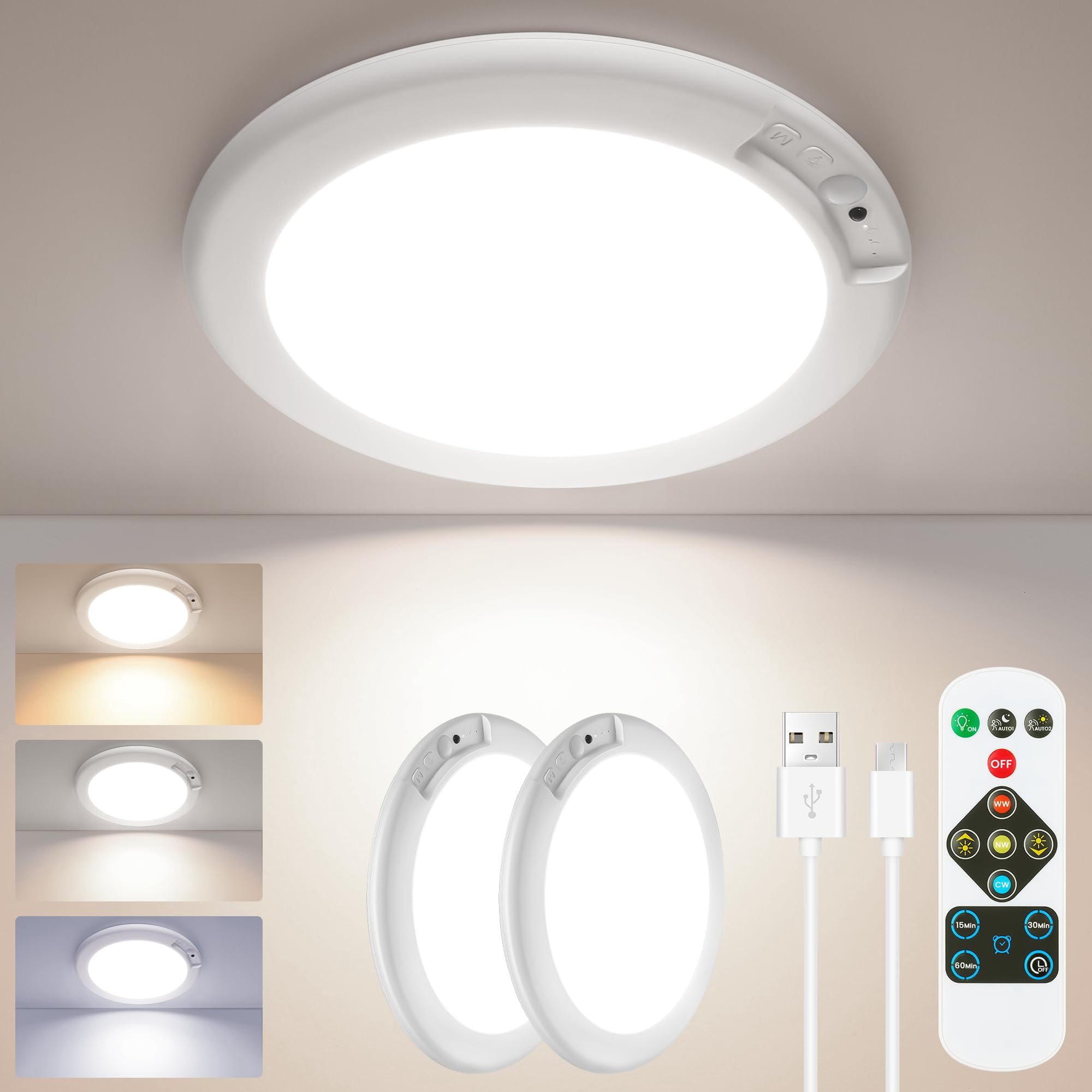 SunRider 2Pack Rechargeable Motion Sensor LED Ceiling Light with Remote ...