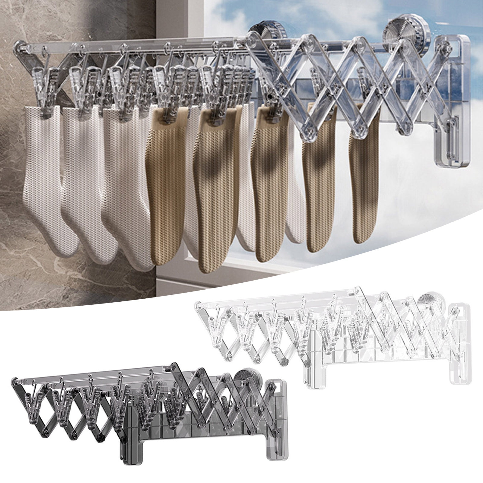 SunRoad Retractable Sock Drying Rack with 20 Clips Foldable Design Easy ...