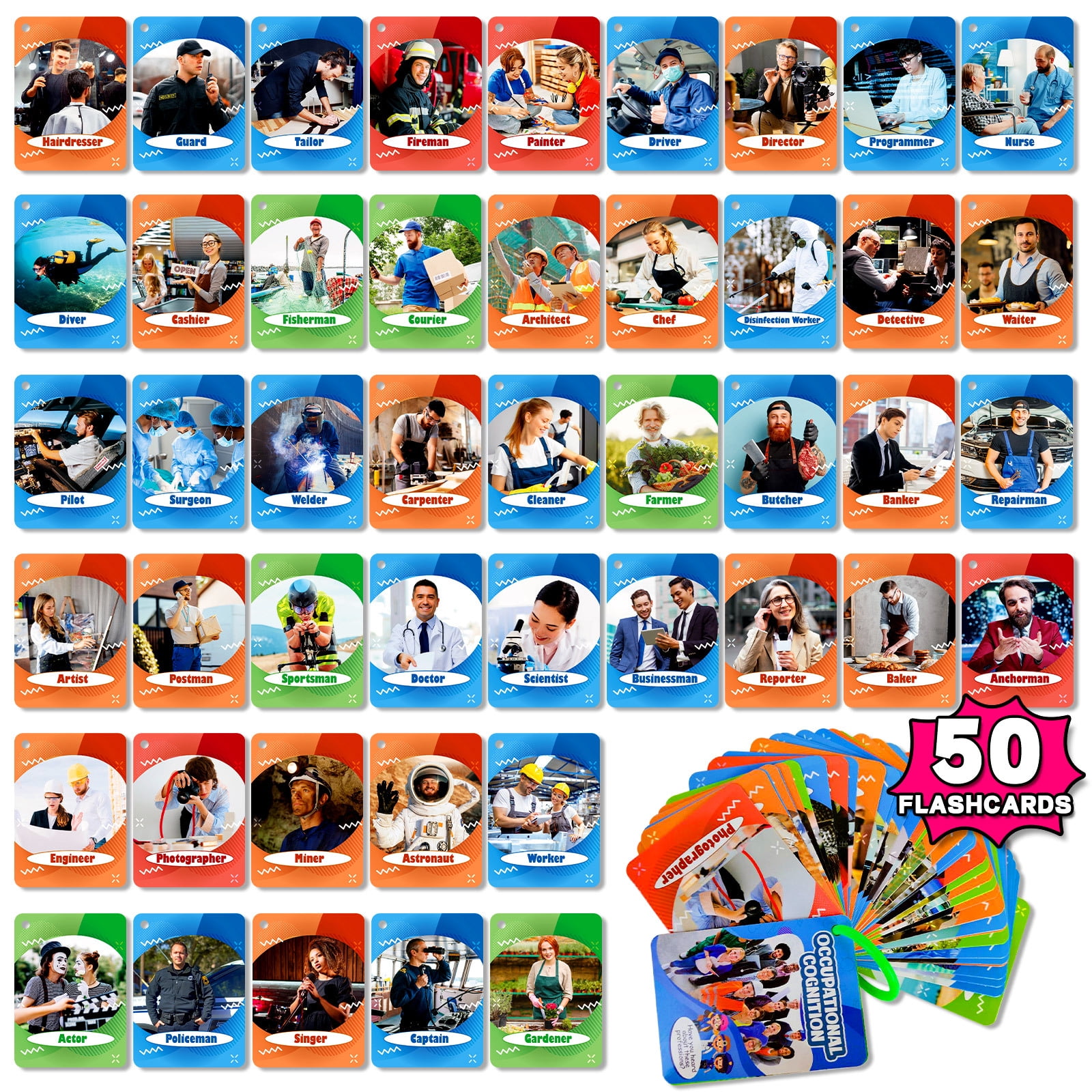 SunWMart 50PCS Occupations Cognitive Flash Cards, Career Pictures ...