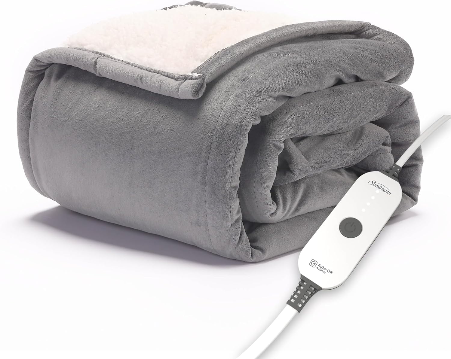 Sunbeam Electric Heated Blanket with Gray Fleece Outer Layer and Sherpa ...