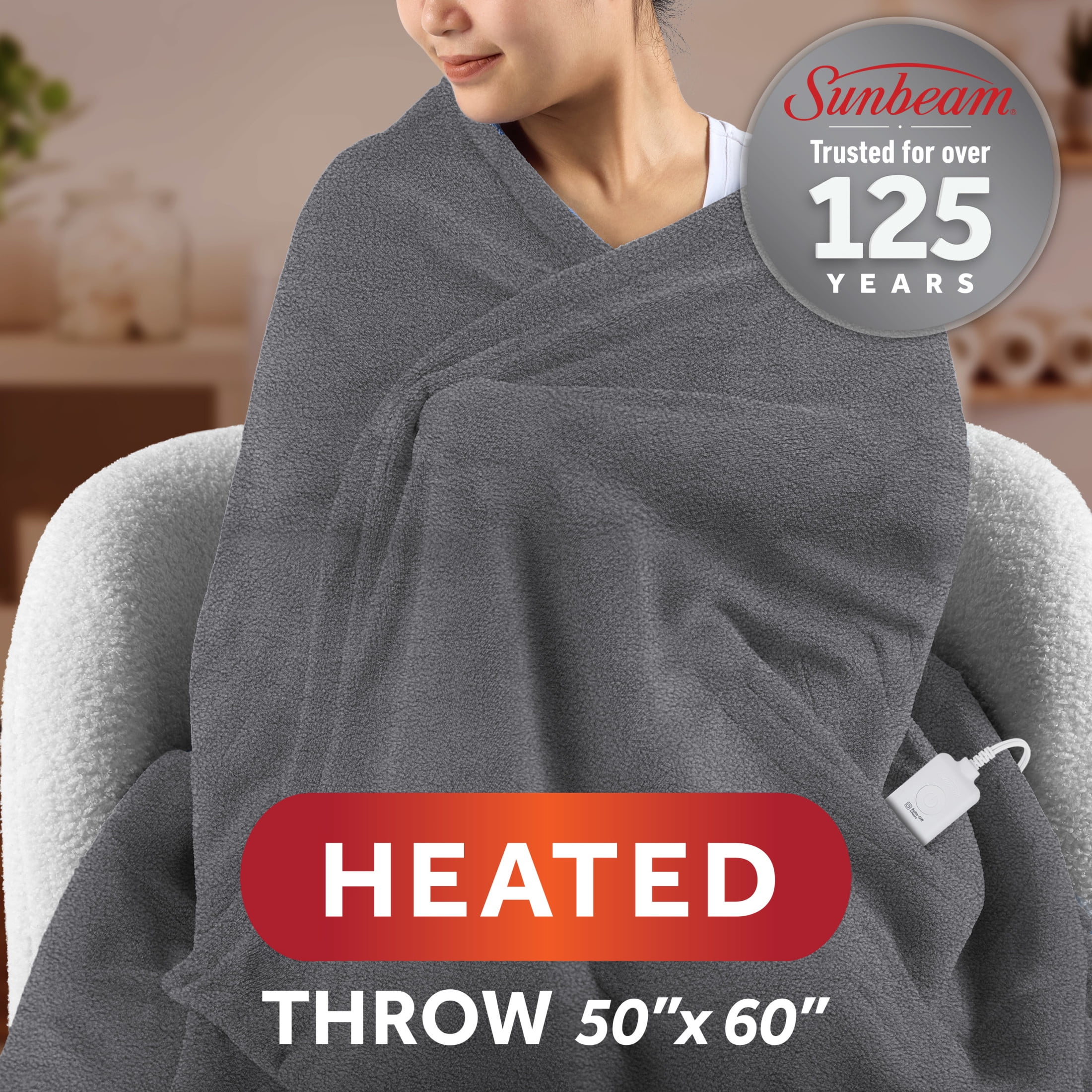 Sunbeam Electric Heated Throw Blanket Gray Polar Fleece 4 Heat Settings ...