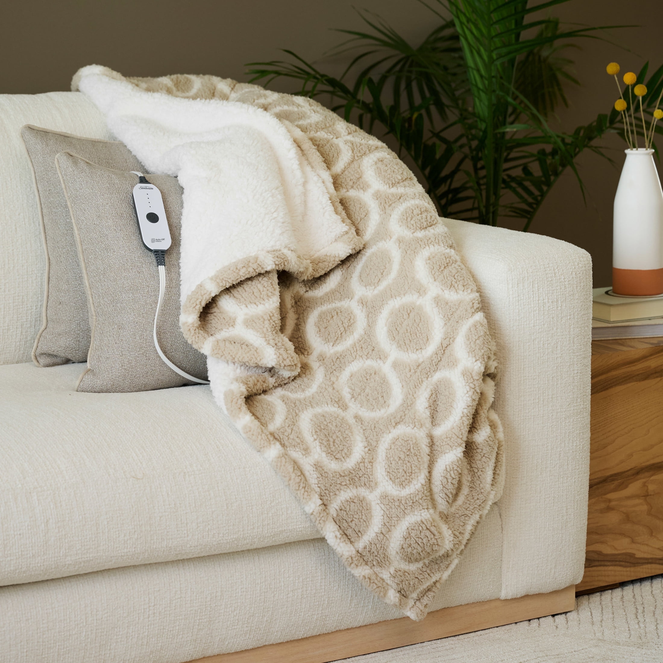 Sunbeam Extra-Long Throw Nordic Sherpa, Olivs Peyote , 4 Heat Settings ...