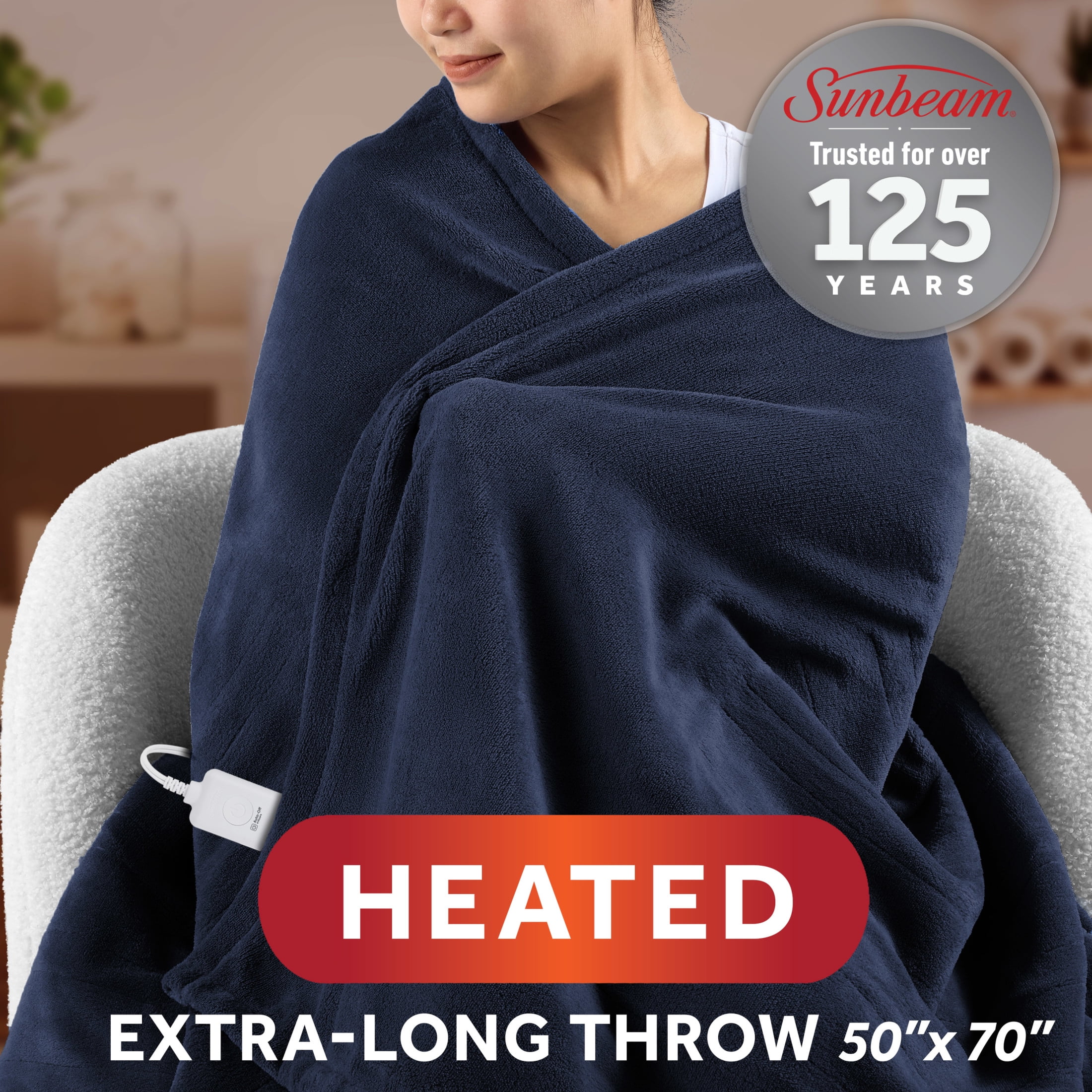 Sunbeam Electric Heated Throw Blanket Navy Blue Microplush 4 Heat ...