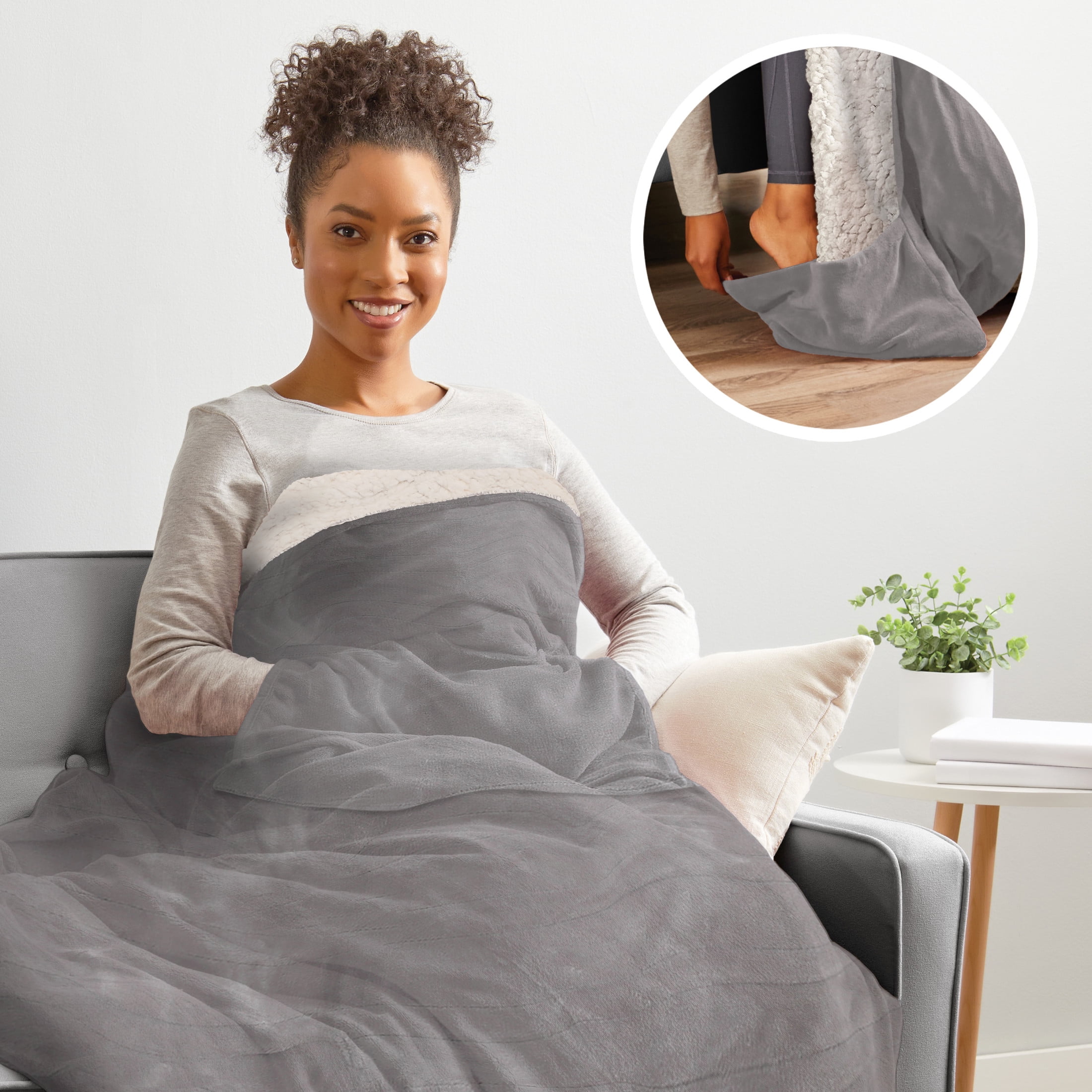 "Sunbeam Nordic Velvet Sherpa Heated Throw, Light Marble, 50""x60 ...