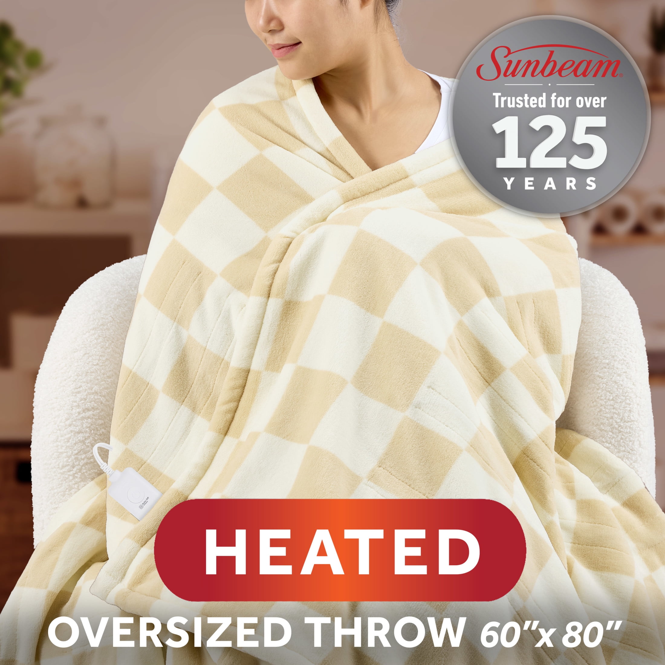 Sunbeam Electric Heated Throw Blanket Gray Checkerboard Microplush Faux ...