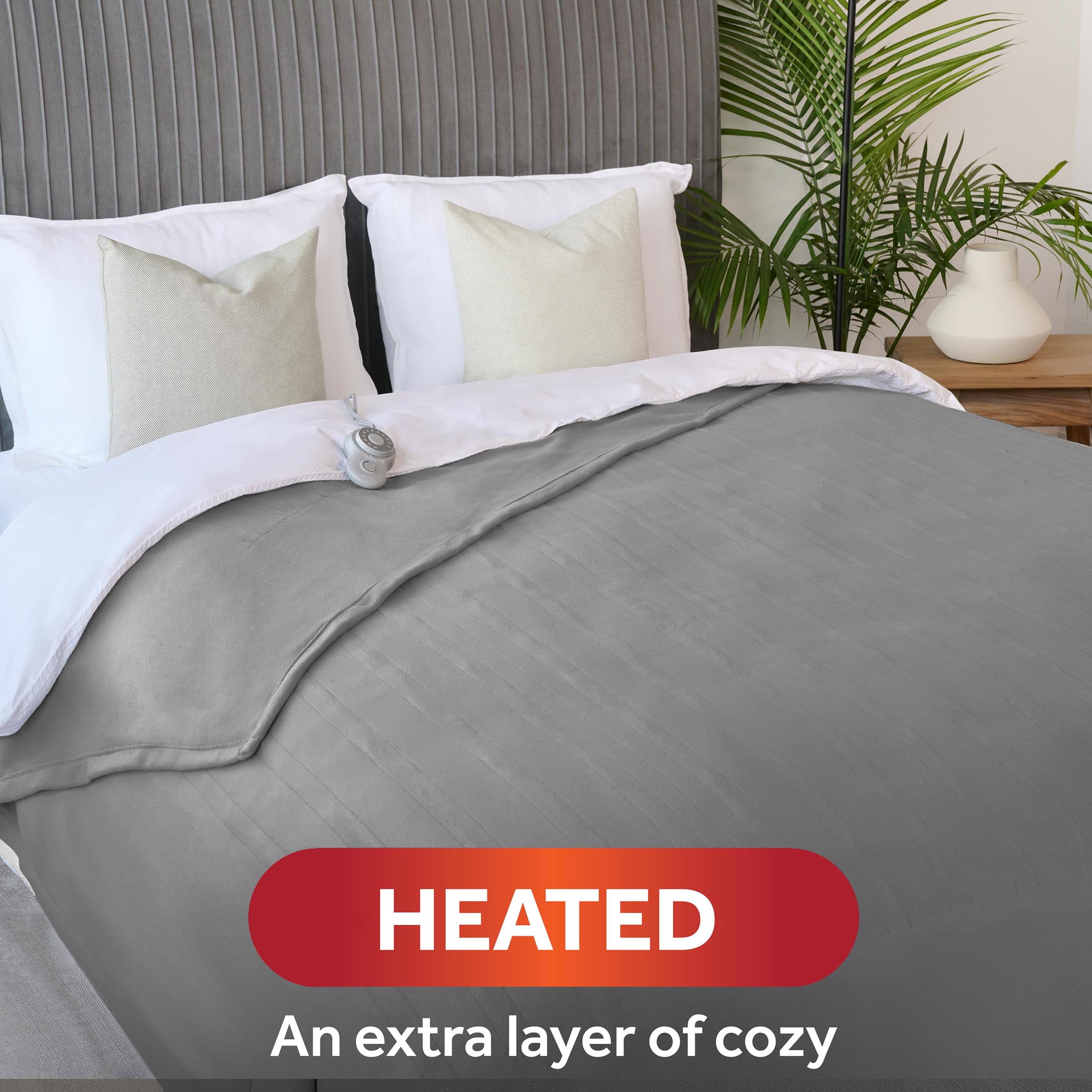 Sunbeam Twin Blanket Grey Fleece, 12 Heat Settings, 12-Hour Auto Shut ...