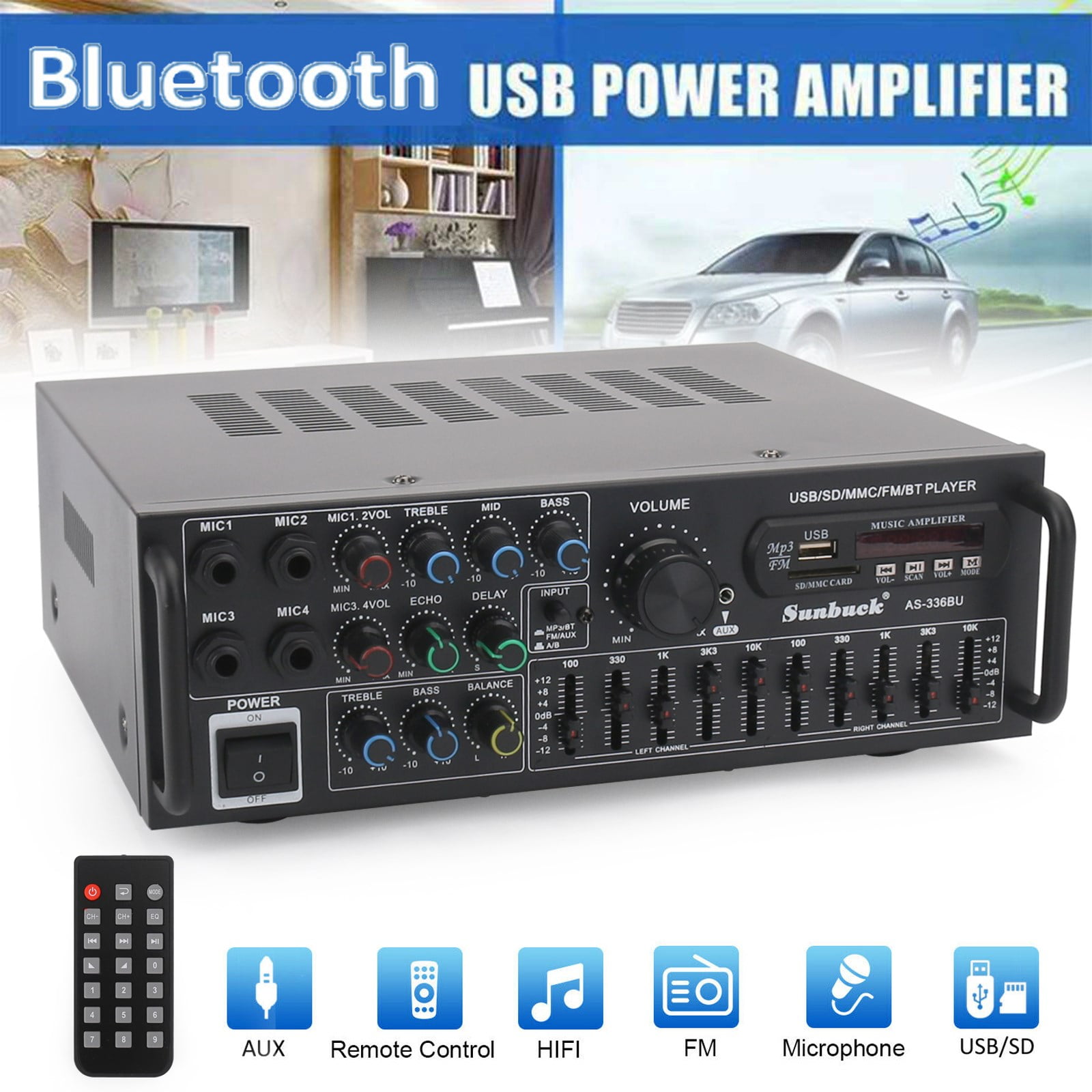 Bluetooth 5.0 HiFi Sunbuck 2000W Stereo Power Amplifier with EQ for Home Audio and Karaoke FM ...