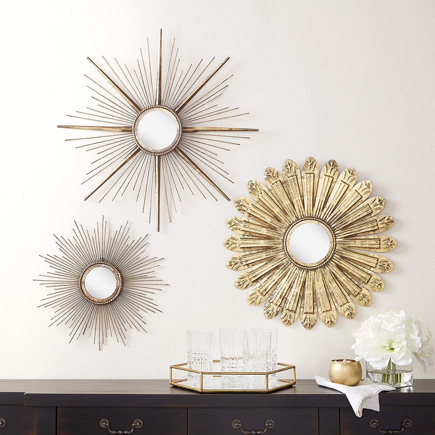 Sunburst Metal Wall Mirror Set of 3, Wall Mirrors for Room Decor & Home ...