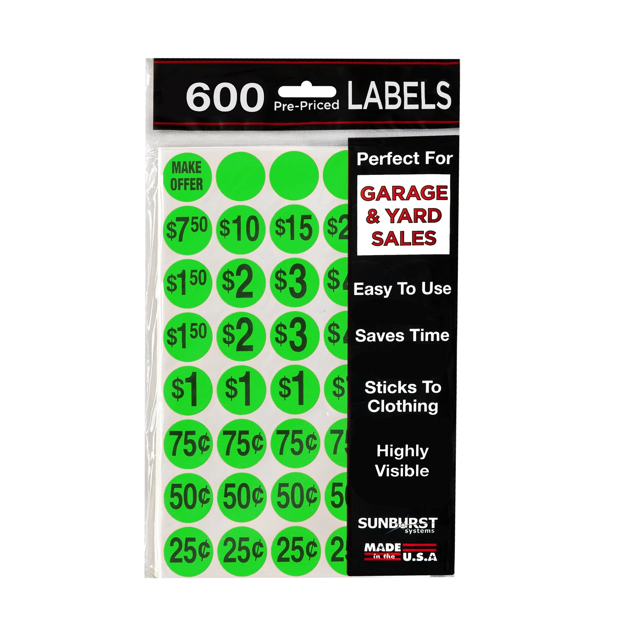 Sunburst Systems 7020 Pre-Priced Green Color Label Sticker Dots, Garage ...