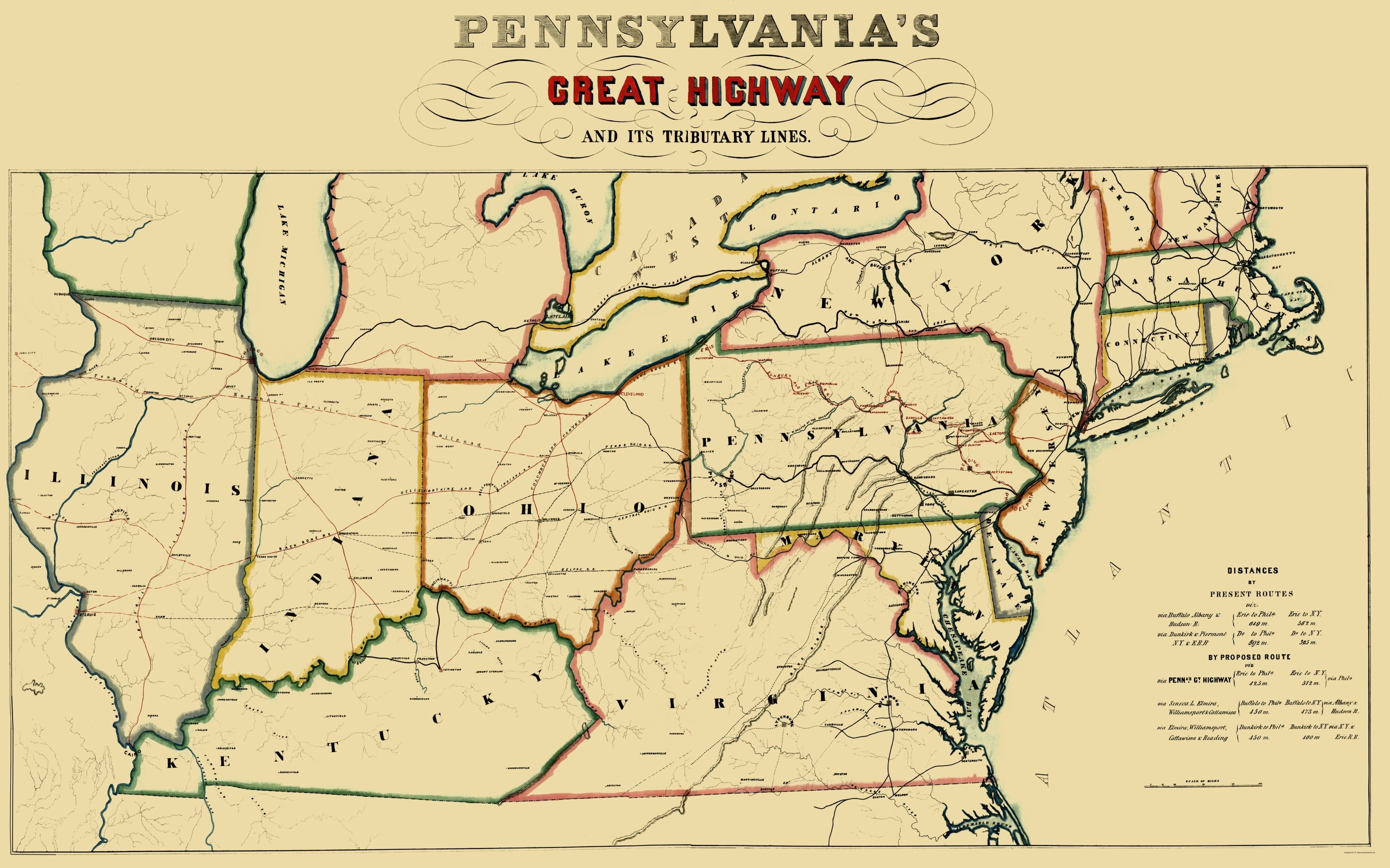 Railroad Map - Sunbury and Erie Railroad - Kollner 1850 - 23 x 36.79 ...