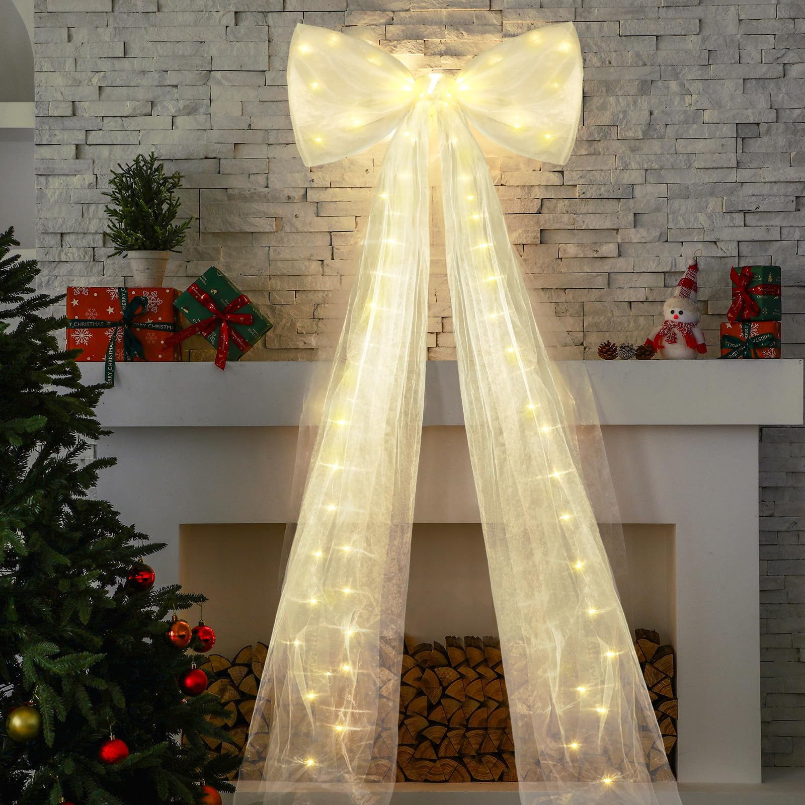 Suncalla 24 x 71 Inch Extra Large LED Christmas Tree Bows White ...