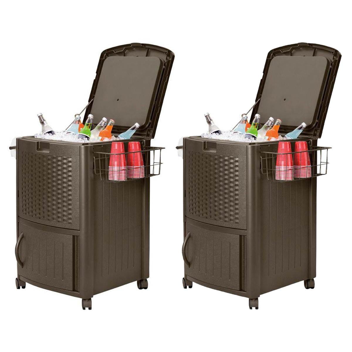 Suncast 77 Qt Resin Wicker Patio Cooler w/ Cabinet & Wire Basket, Java ...