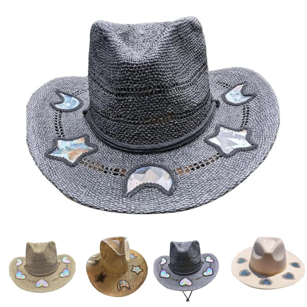 Suncatcher Cowgirl Straw Prism Hat - Hand-Woven Rainbow Spectrum Cowboy Hat with Iridescent Moon ...